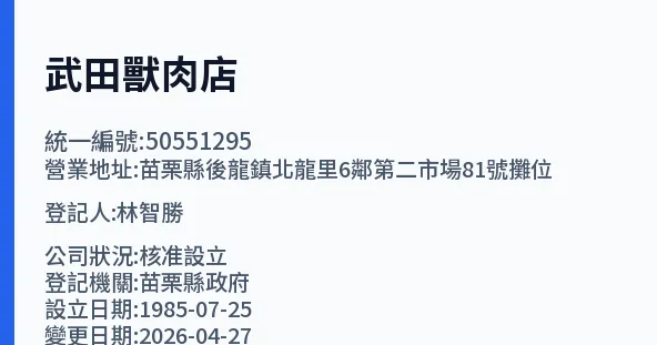 武田獸肉店的照片-統編 50551295(苗栗縣) 公司登記資料與營業項目詳細圖表