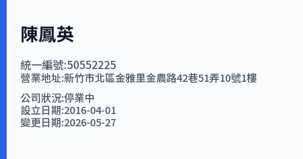 陳鳳英的照片-統編 50552225(新竹市) 公司登記資料與營業項目詳細圖表