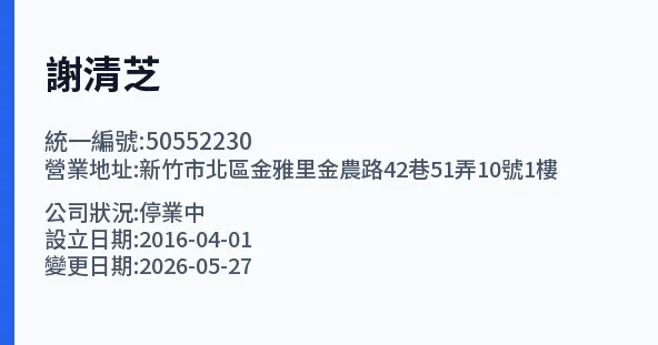 謝清芝的照片-統編 50552230(新竹市) 公司登記資料與營業項目詳細圖表