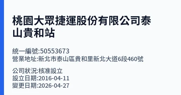 桃園大眾捷運股份有限公司泰山貴和站的照片-統編 50553673(新北市) 公司登記資料與營業項目詳細圖表