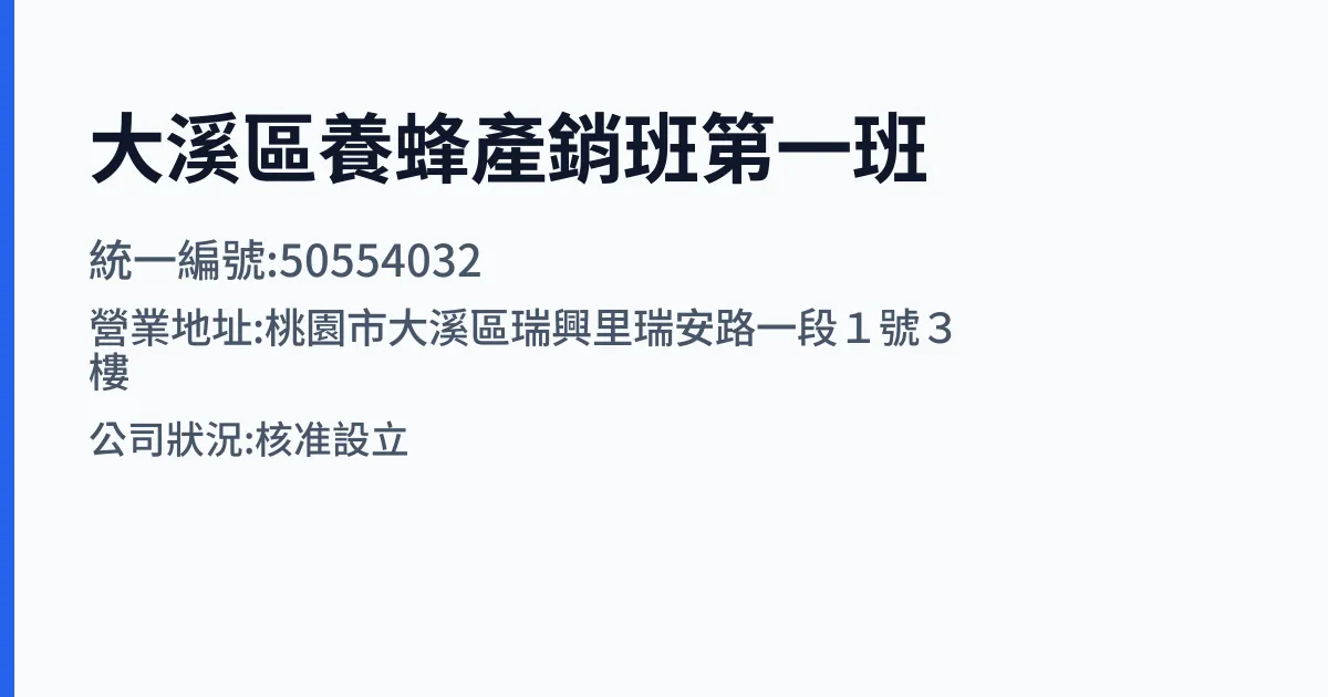 大溪區養蜂產銷班第一班 - 統編 50554032(桃園市) 公司登記資料與營業項目詳細圖表