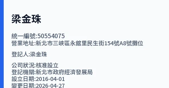 梁金珠的照片-統編 50554075(新北市) 公司登記資料與營業項目詳細圖表