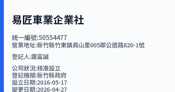 易匠車業企業社的照片-統編 50554477(新竹縣) 公司登記資料與營業項目詳細圖表