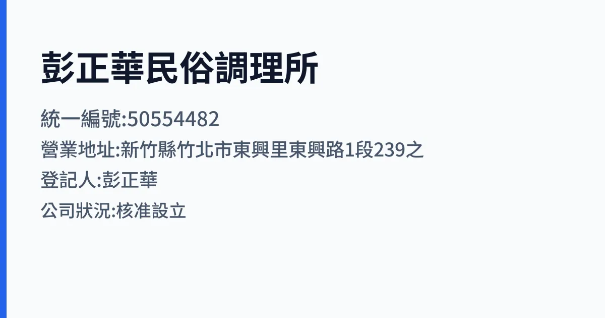 彭正華民俗調理所 - 統編 50554482(新竹縣) 公司登記資料與營業項目詳細圖表