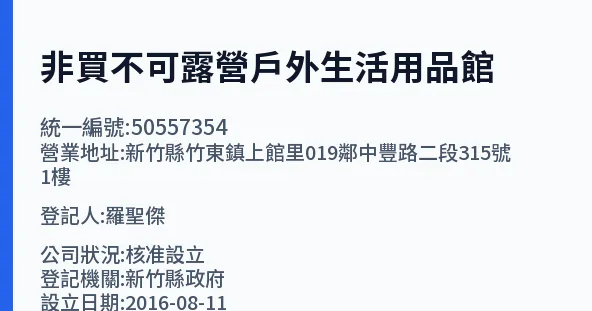 非買不可露營戶外生活用品館的照片-統編 50557354(新竹縣) 公司登記資料與營業項目詳細圖表