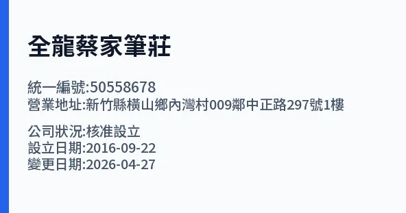 全龍蔡家筆莊的照片-統編 50558678(新竹縣) 公司登記資料與營業項目詳細圖表