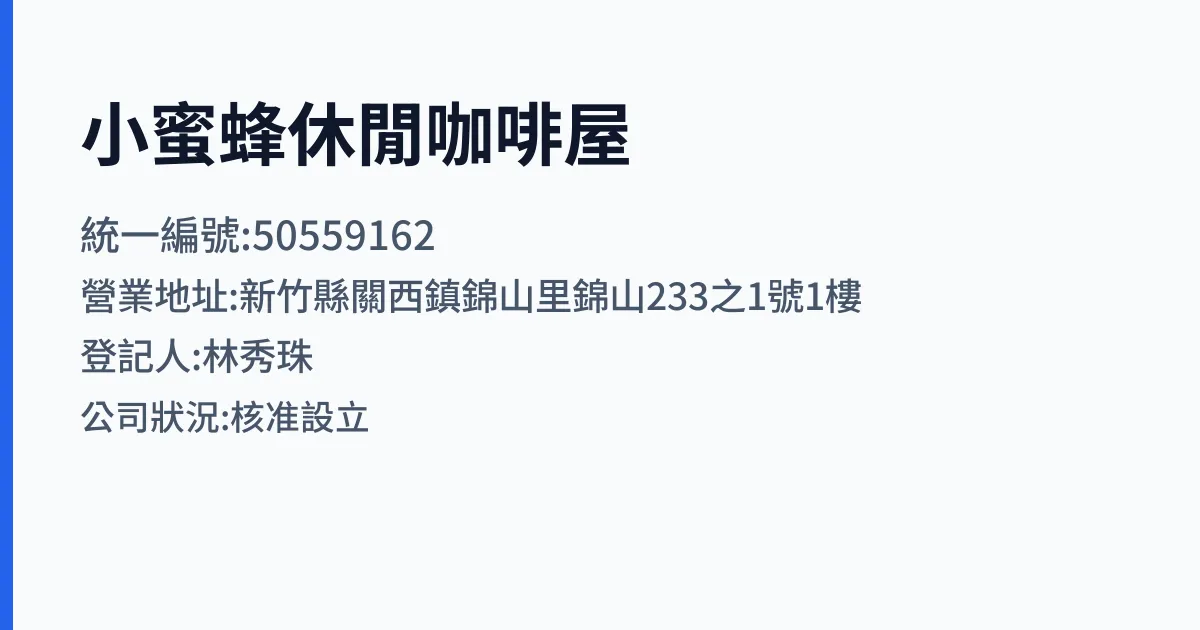 小蜜蜂休閒咖啡屋 - 統編 50559162(新竹縣) 公司登記資料與營業項目詳細圖表