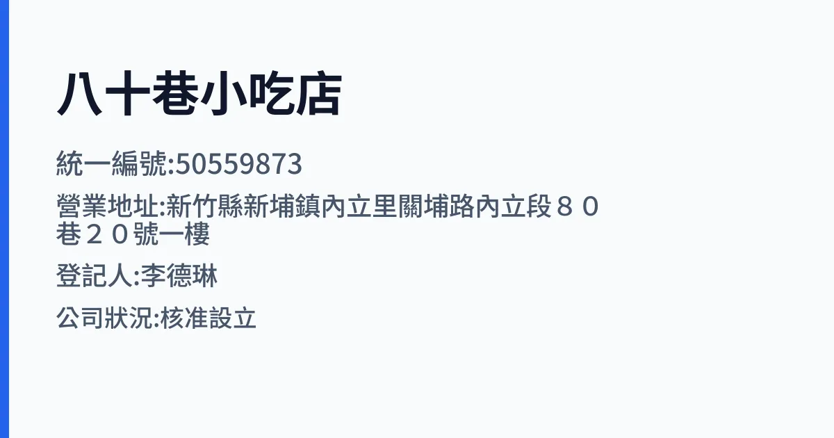 八十巷小吃店 - 統編 50559873(新竹縣) 公司登記資料與營業項目詳細圖表