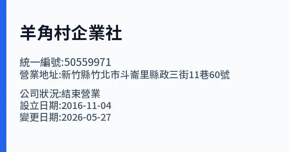 羊角村企業社的照片-統編 50559971(新竹縣) 公司登記資料與營業項目詳細圖表