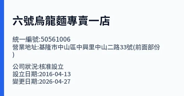 六號烏龍麵專賣一店的照片-統編 50561006(基隆市) 公司登記資料與營業項目詳細圖表