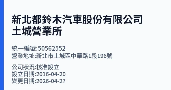 新北都鈴木汽車股份有限公司土城營業所的照片-統編 50562552(新北市) 公司登記資料與營業項目詳細圖表