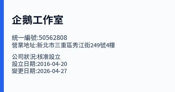 企鵝工作室的照片-統編 50562808(新北市) 公司登記資料與營業項目詳細圖表