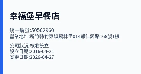 幸福堡早餐店的照片-統編 50562960(新竹縣) 公司登記資料與營業項目詳細圖表