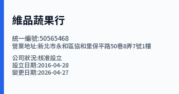 維品蔬果行的照片-統編 50565468(新北市) 公司登記資料與營業項目詳細圖表