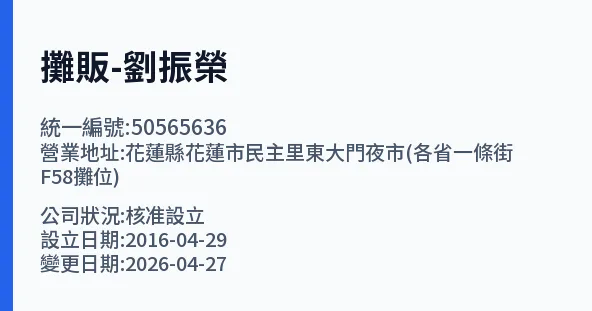 攤販-劉振榮的照片-統編 50565636(花蓮縣) 公司登記資料與營業項目詳細圖表