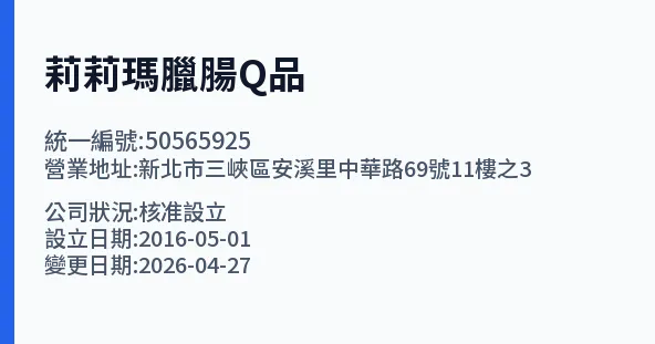 莉莉瑪臘腸Q品的照片-統編 50565925(新北市) 公司登記資料與營業項目詳細圖表