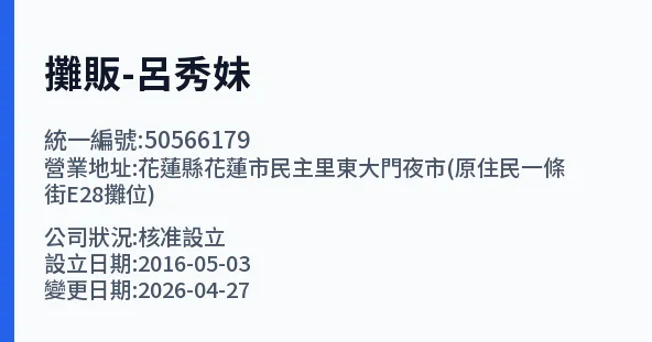 攤販-呂秀妹的照片-統編 50566179(花蓮縣) 公司登記資料與營業項目詳細圖表