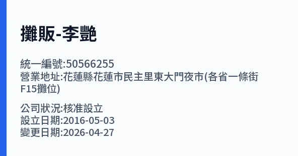 攤販-李艷的照片-統編 50566255(花蓮縣) 公司登記資料與營業項目詳細圖表