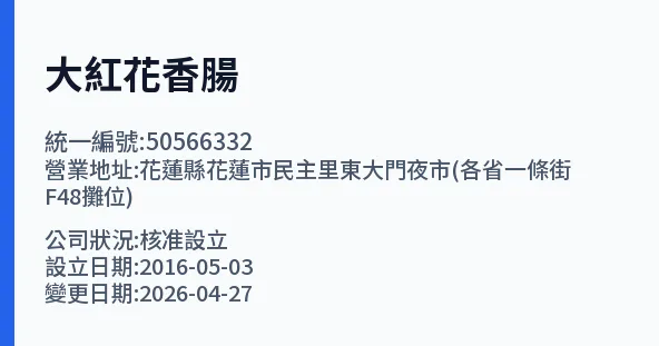 大紅花香腸的照片-統編 50566332(花蓮縣) 公司登記資料與營業項目詳細圖表
