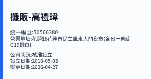 攤販-高禮瑋的照片-統編 50566380(花蓮縣) 公司登記資料與營業項目詳細圖表