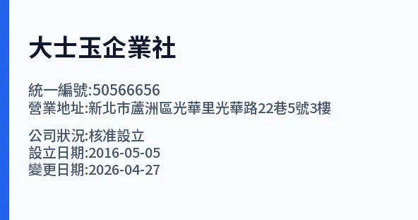 大士玉企業社的照片-統編 50566656(新北市) 公司登記資料與營業項目詳細圖表