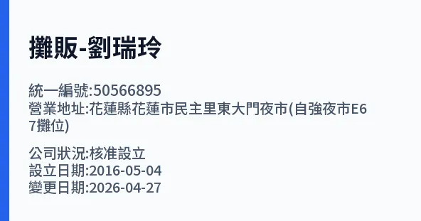 攤販-劉瑞玲的照片-統編 50566895(花蓮縣) 公司登記資料與營業項目詳細圖表