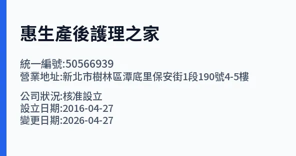 惠生產後護理之家的照片-統編 50566939(新北市) 公司登記資料與營業項目詳細圖表
