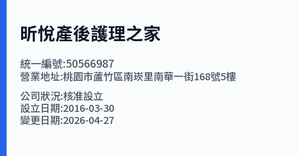 昕悅產後護理之家的照片-統編 50566987(桃園市) 公司登記資料與營業項目詳細圖表