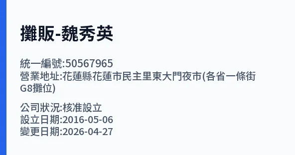 攤販-魏秀英的照片-統編 50567965(花蓮縣) 公司登記資料與營業項目詳細圖表