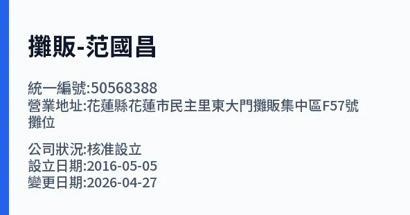 攤販-范國昌的照片-統編 50568388(花蓮縣) 公司登記資料與營業項目詳細圖表