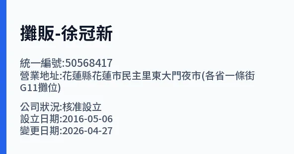 攤販-徐冠新的照片-統編 50568417(花蓮縣) 公司登記資料與營業項目詳細圖表