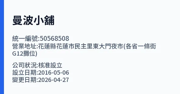 曼波小舖的照片-統編 50568508(花蓮縣) 公司登記資料與營業項目詳細圖表