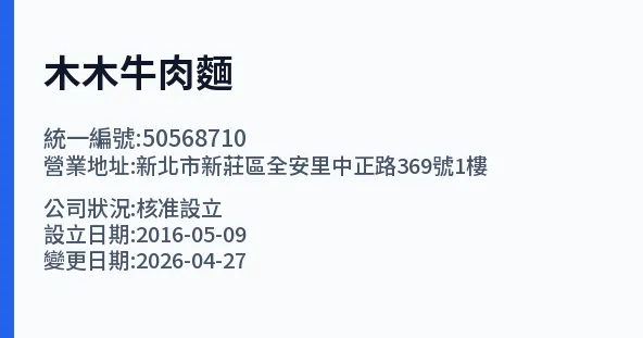 木木牛肉麵的照片-統編 50568710(新北市) 公司登記資料與營業項目詳細圖表
