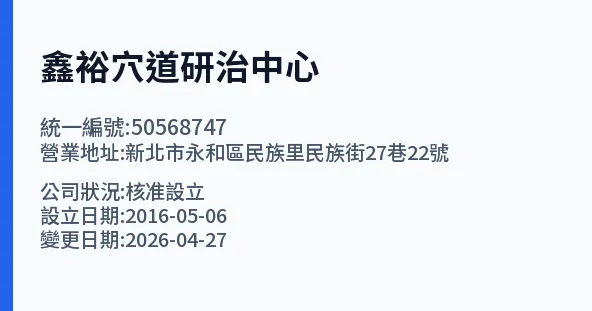 鑫裕穴道研治中心的照片-統編 50568747(新北市) 公司登記資料與營業項目詳細圖表
