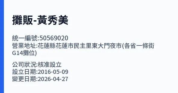 攤販-黃秀美的照片-統編 50569020(花蓮縣) 公司登記資料與營業項目詳細圖表