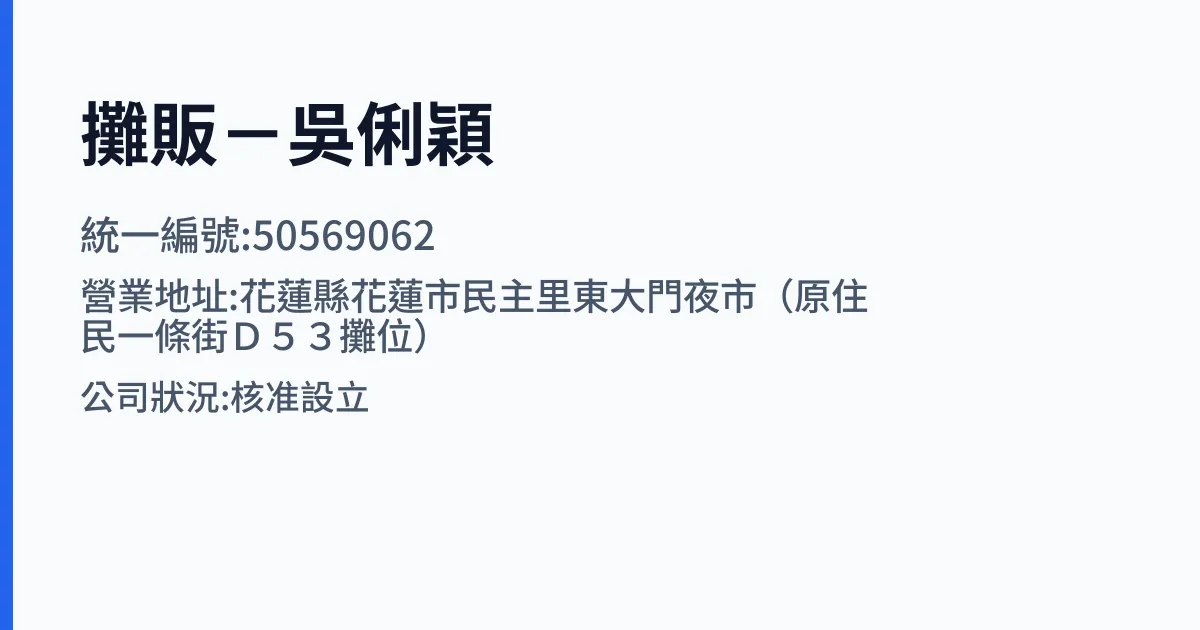 攤販-吳俐穎 - 統編 50569062(花蓮縣) 公司登記資料與營業項目詳細圖表
