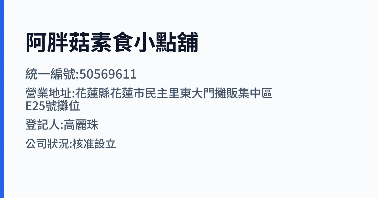 阿胖菇素食小點舖 - 統編 50569611(花蓮縣) 公司登記資料與營業項目詳細圖表