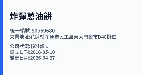 炸彈蔥油餅的照片-統編 50569680(花蓮縣) 公司登記資料與營業項目詳細圖表