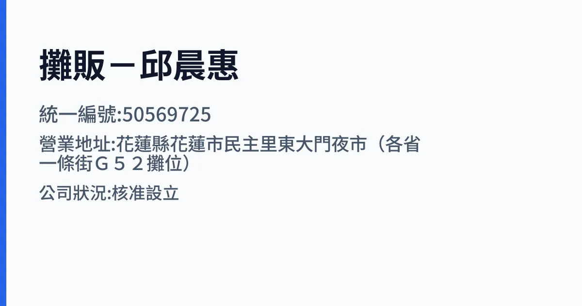 攤販-邱晨惠 - 統編 50569725(花蓮縣) 公司登記資料與營業項目詳細圖表