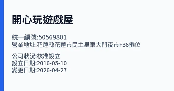 開心玩遊戲屋的照片-統編 50569801(花蓮縣) 公司登記資料與營業項目詳細圖表