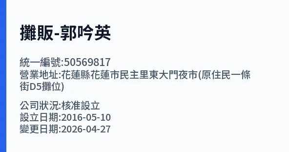 攤販-郭吟英的照片-統編 50569817(花蓮縣) 公司登記資料與營業項目詳細圖表