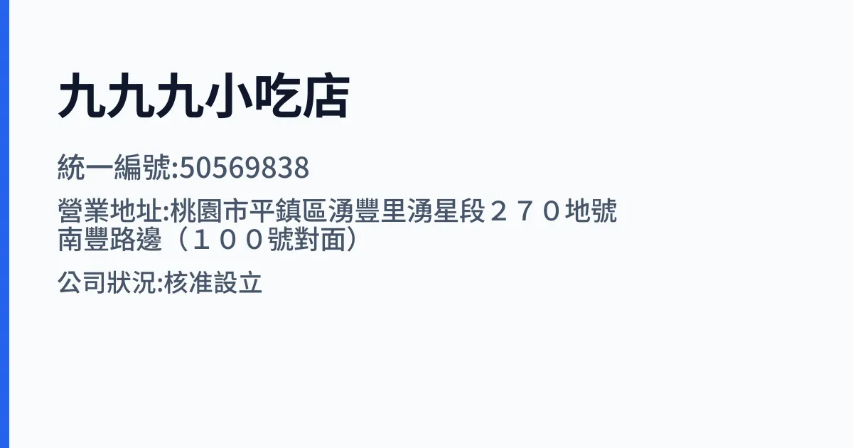 九九九小吃店 - 統編 50569838(桃園市) 公司登記資料與營業項目詳細圖表