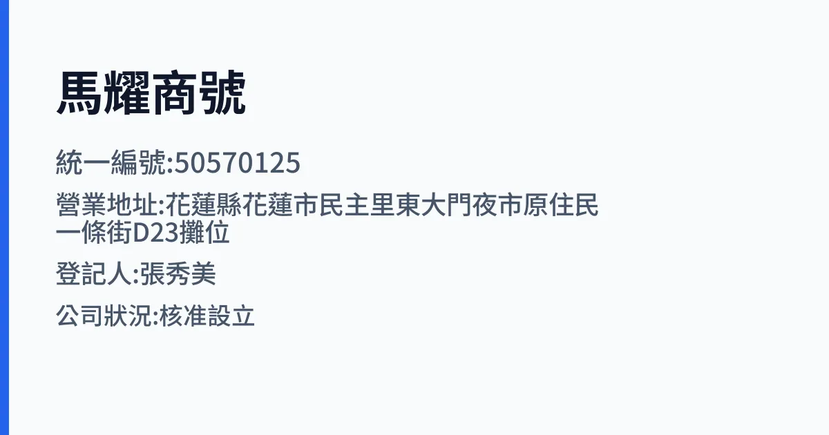 馬耀商號 - 統編 50570125(花蓮縣) 公司登記資料與營業項目詳細圖表