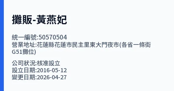 攤販-黃燕妃的照片-統編 50570504(花蓮縣) 公司登記資料與營業項目詳細圖表