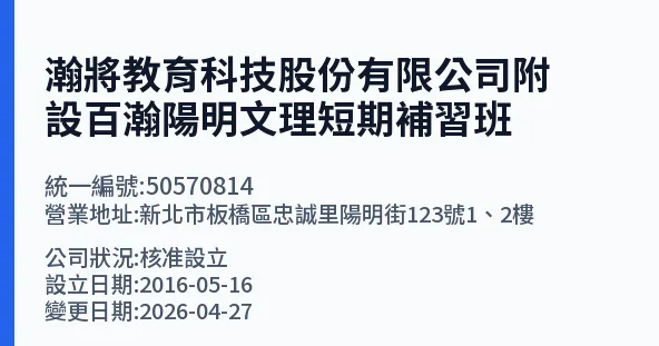 瀚將教育科技股份有限公司附設百瀚陽明文理短期補習班的照片-統編 50570814(新北市) 公司登記資料與營業項目詳細圖表