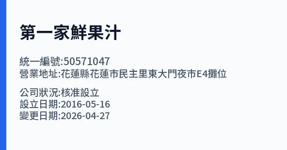 第一家鮮果汁的照片-統編 50571047(花蓮縣) 公司登記資料與營業項目詳細圖表
