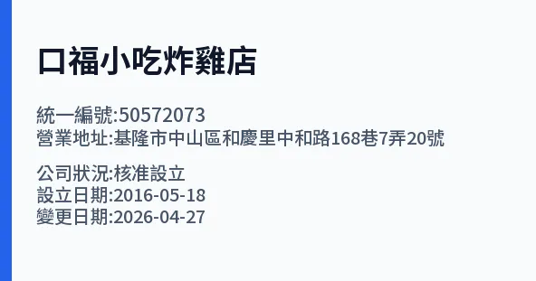 口福小吃炸雞店的照片-統編 50572073(基隆市) 公司登記資料與營業項目詳細圖表