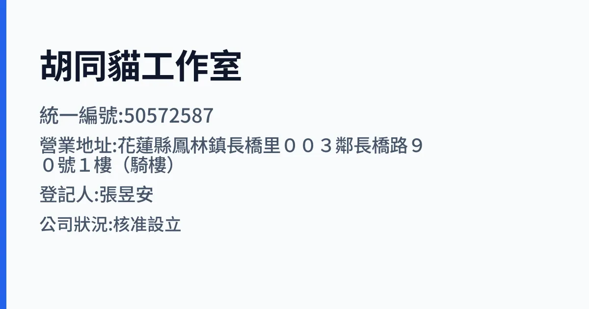 胡同貓工作室 - 統編 50572587(花蓮縣) 公司登記資料與營業項目詳細圖表