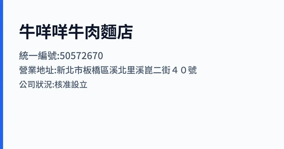牛咩咩牛肉麵店 - 統編 50572670(新北市) 公司登記資料與營業項目詳細圖表