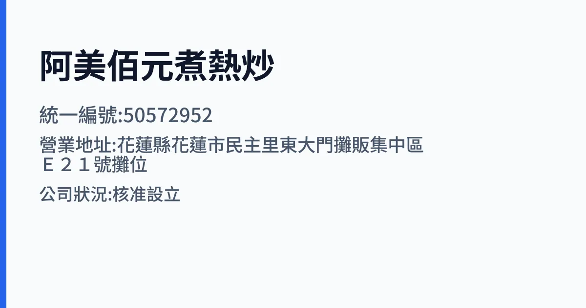 阿美佰元煮熱炒 - 統編 50572952(花蓮縣) 公司登記資料與營業項目詳細圖表